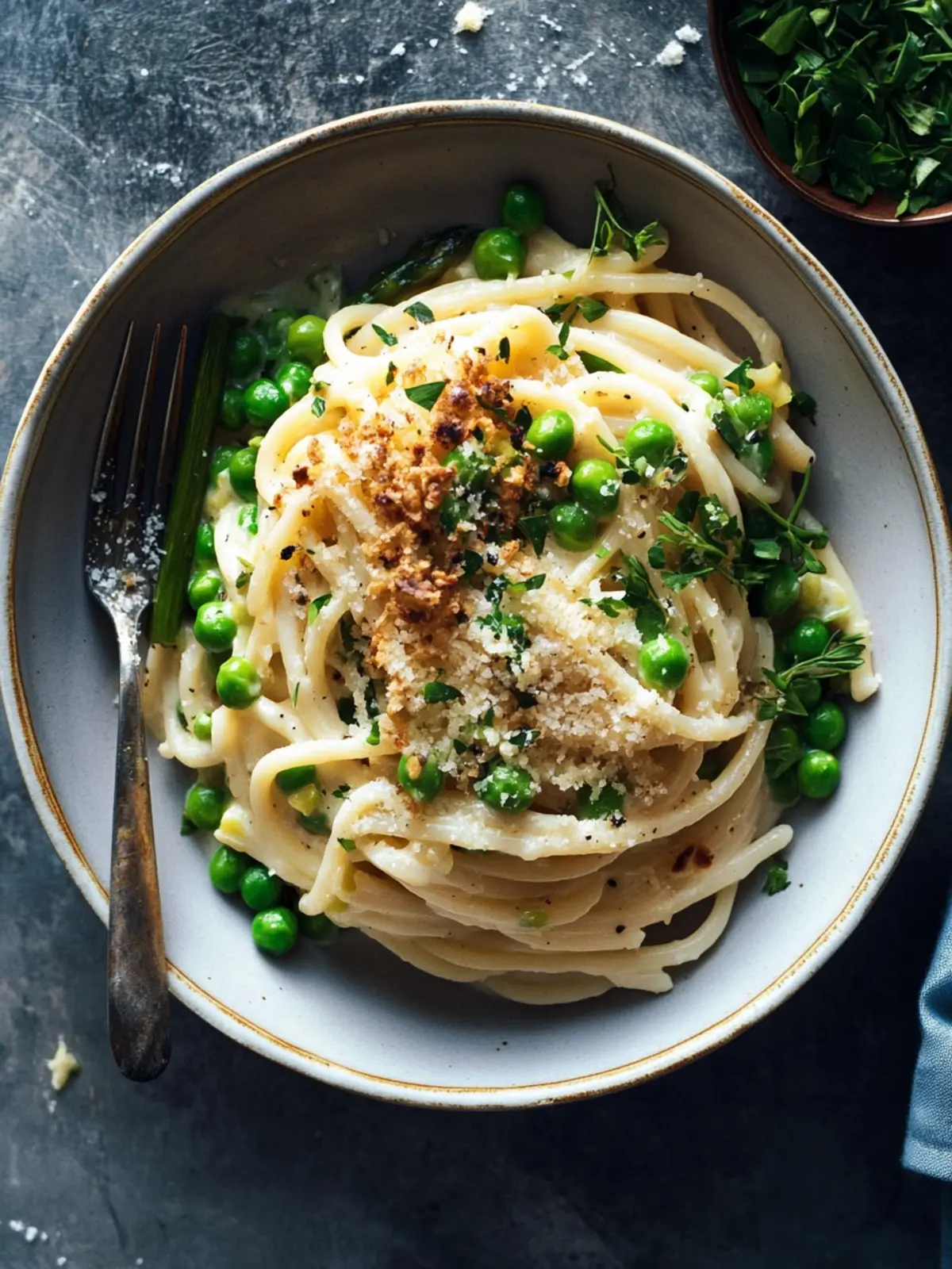 Irresistible Garlic Cream Bucatini with Peas and Asparagus