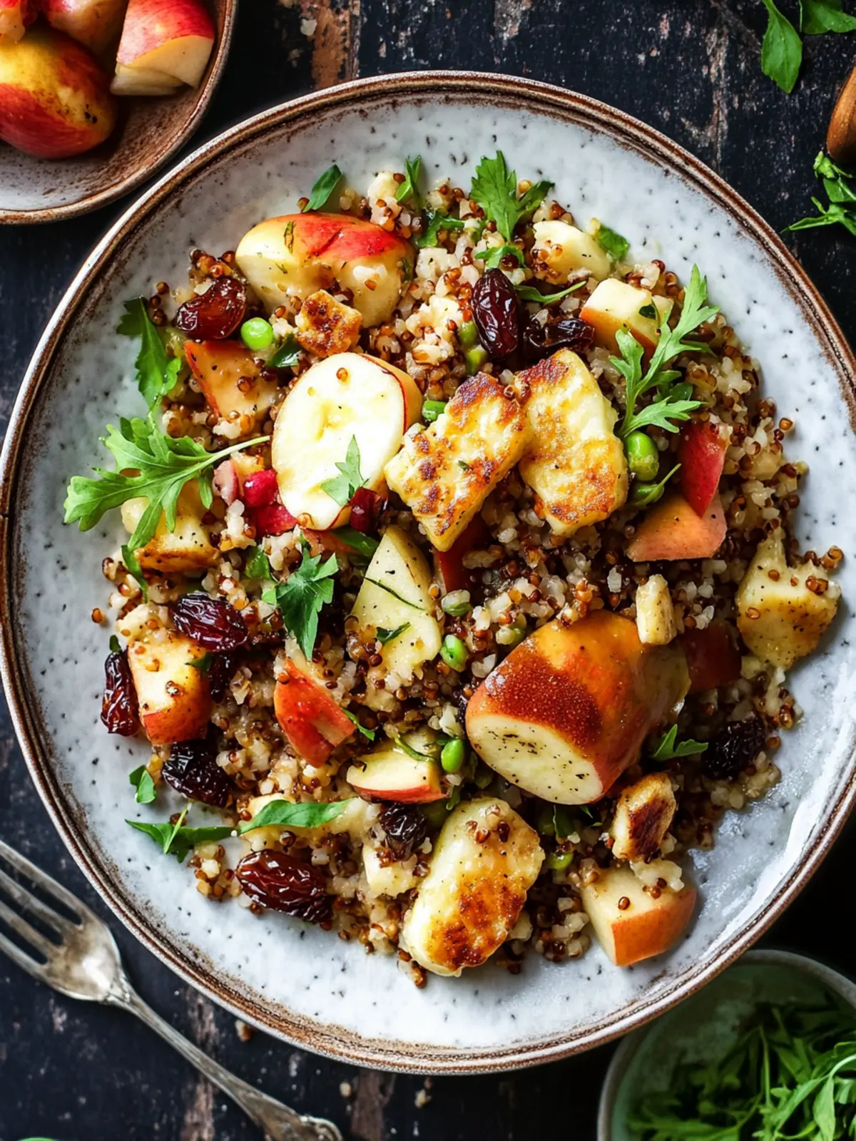 Irresistible Roasted Apple Bulgur Salad with Halloumi & Date Vinaigrette