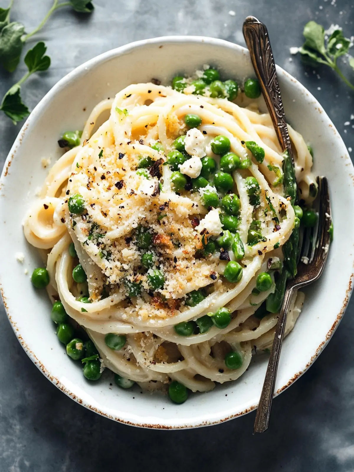 Irresistible Garlic Cream Bucatini with Peas and Asparagus