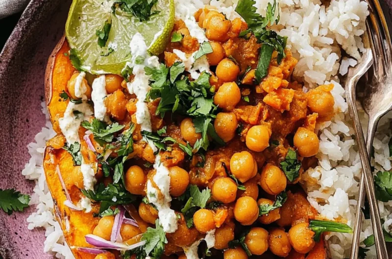 Easy Chickpea Curry Loaded Sweet Potato for a Delicious Dinner